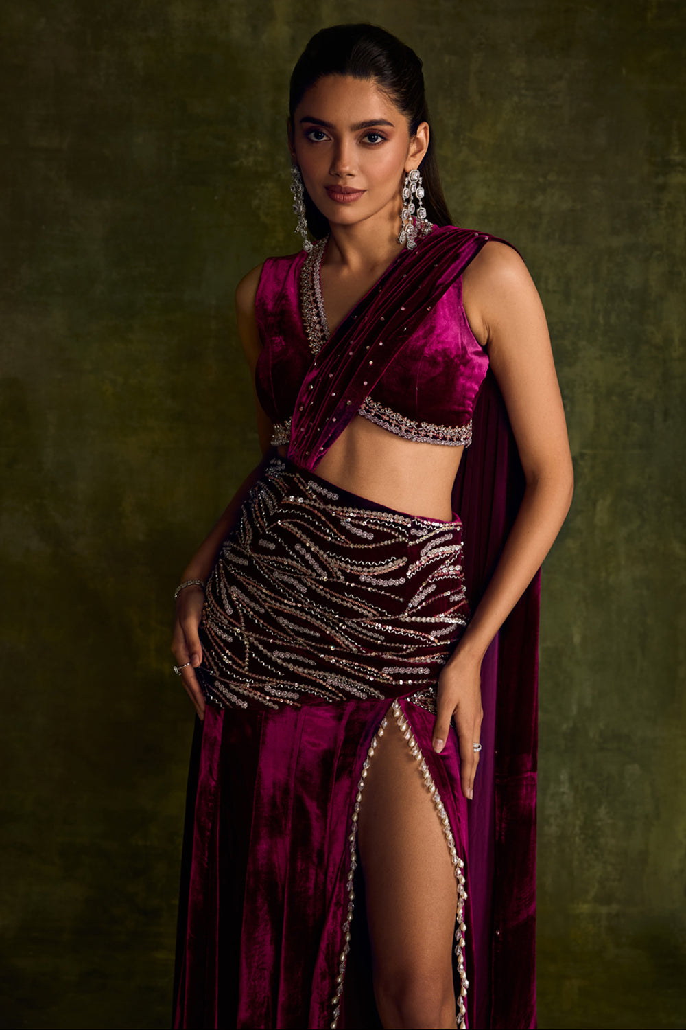 Sanya Gulati - Turquoise Velvet Pre-Draped Saree - Lilly's Boutique London