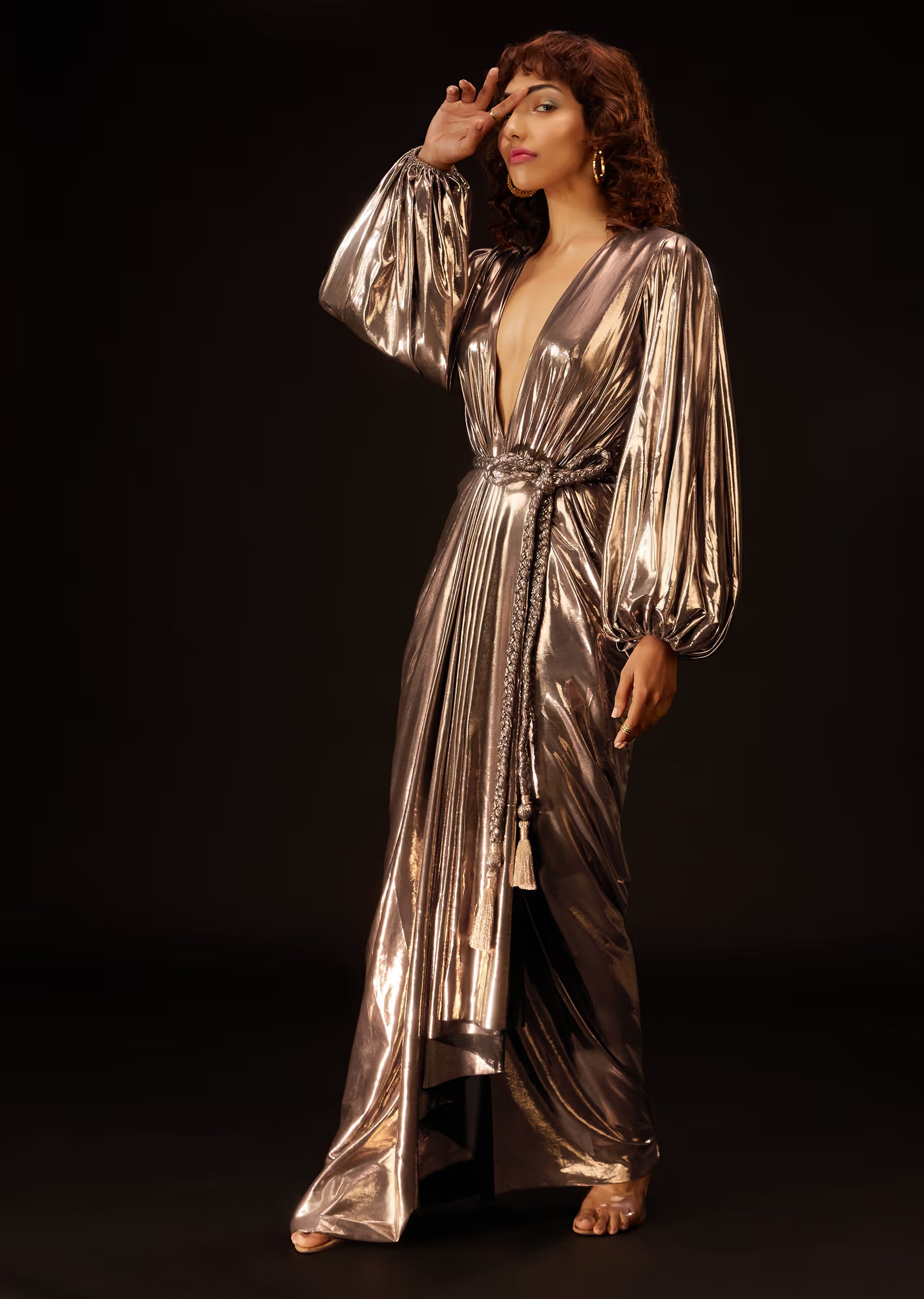 Copper Gold Dress In Lycra With A Braided Waistbelt - Lilly's Boutique ...