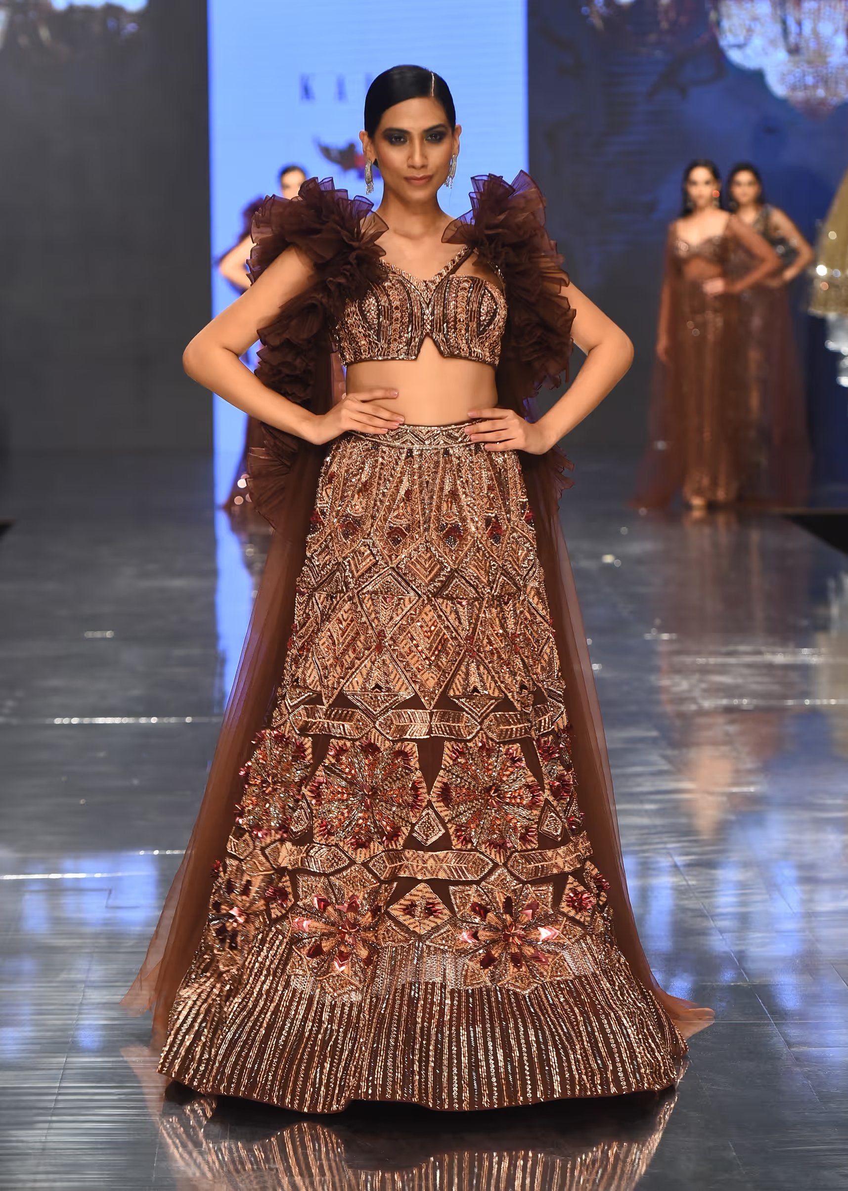 Dark Brown Exemplar Lehenga Set With Heavy Embroidery And Ruffle Shrug ...